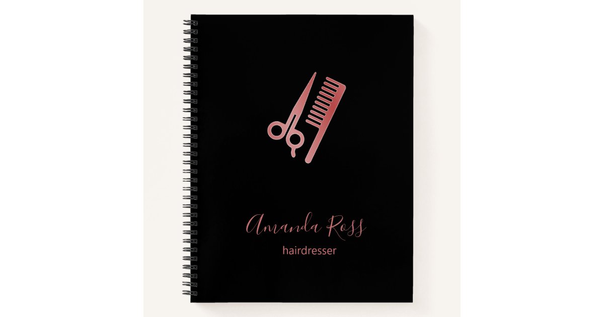 Rose gold scissors and comb black notebook | Zazzle