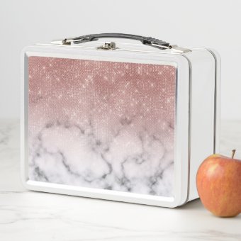 Rose Gold Sequin Glitter White Marble Ombre Metal Lunch Box | Zazzle