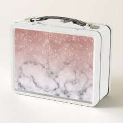 Rose Gold Sequin Glitter White Marble Ombre Metal Lunch Box | Zazzle