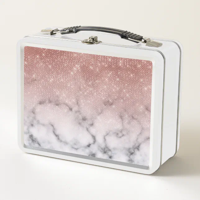 Rose Gold Sequin Glitter White Marble Ombre Metal Lunch Box | Zazzle