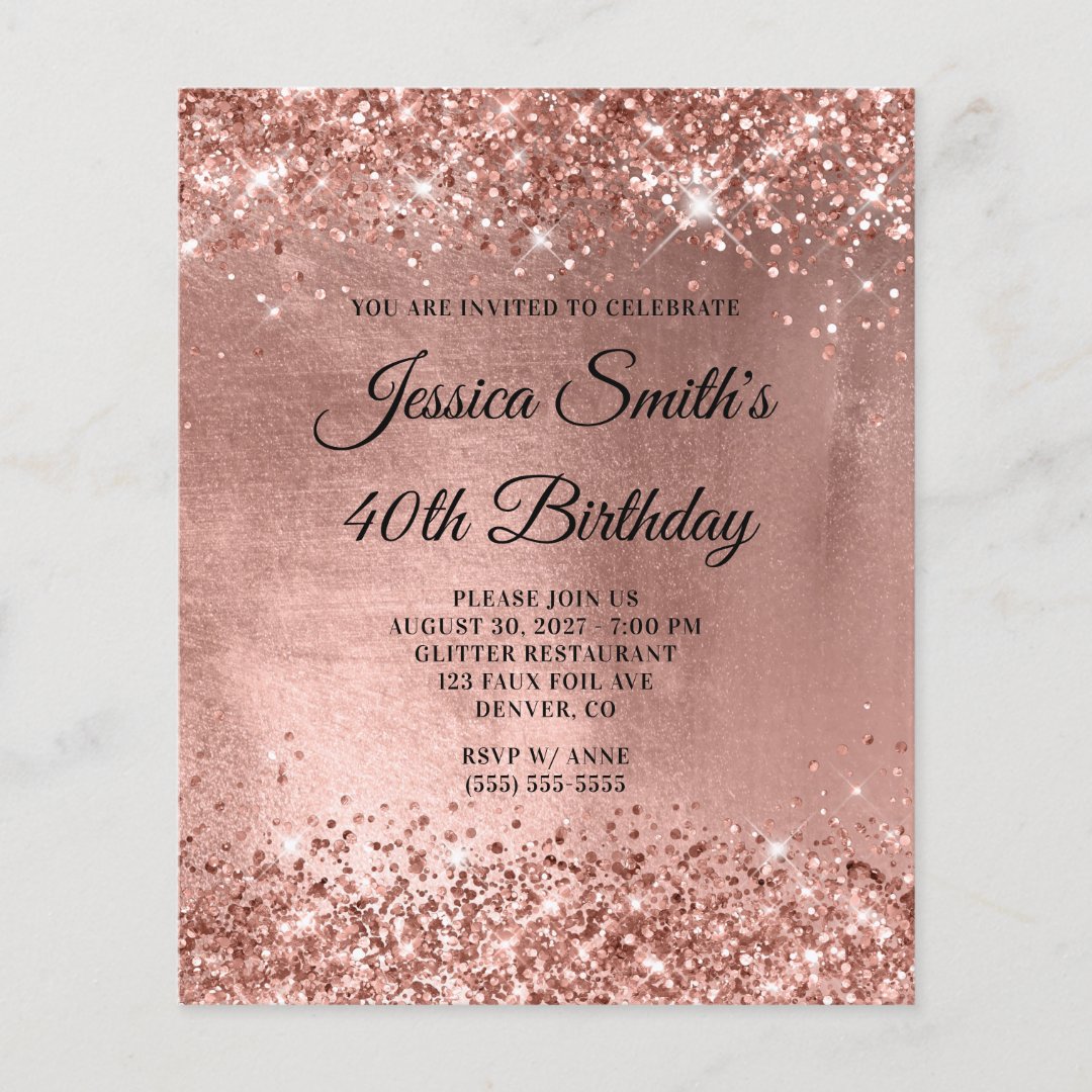 Rose Gold Shiny Glam 40th Birthday Invite | Zazzle