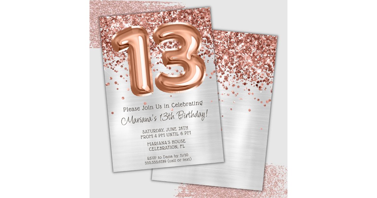 Rose Gold Silver 13th Birthday Party Invitation | Zazzle