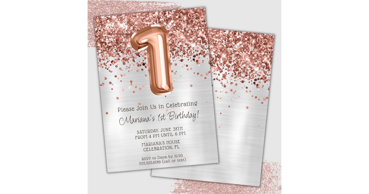 Rose Gold Silver 1st Birthday Party Invitation | Zazzle