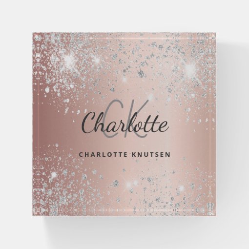 Rose gold silver glitter monogram initails name paperweight | Zazzle