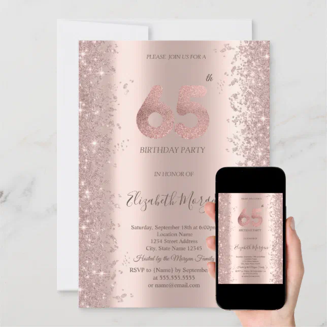 Rose Gold Sparkle Diamonds 65th Birthday Invitation | Zazzle