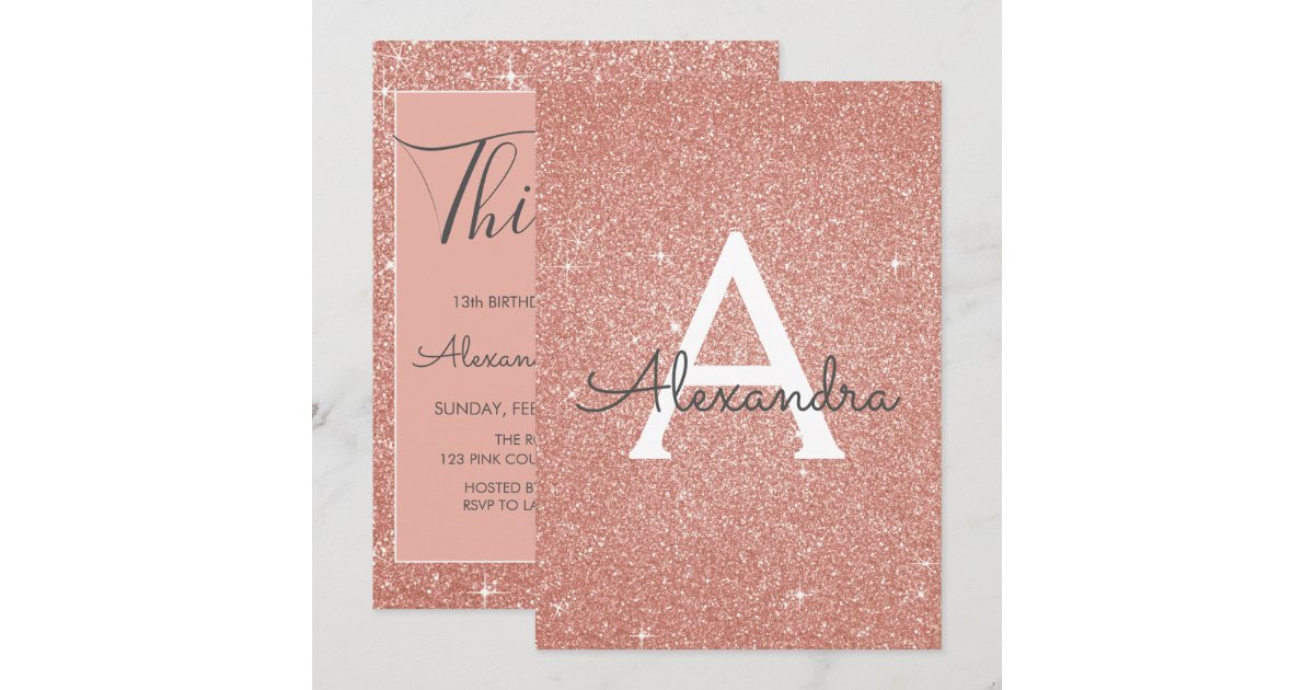 Rose Gold Sparkle Glitter 13th Thirteen Birthday Invitation | Zazzle
