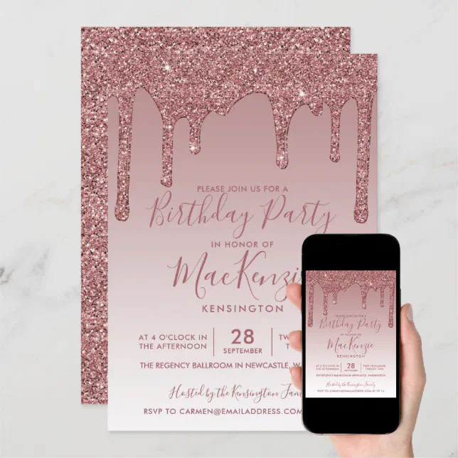 Rose Gold Sparkle Glitter Drips Any Year Birthday Invitation Zazzle