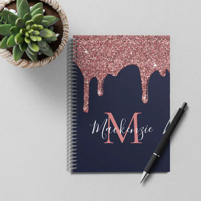 Rose Gold Sparkle Glitter Drips Navy Blue Monogram Notebook | Zazzle