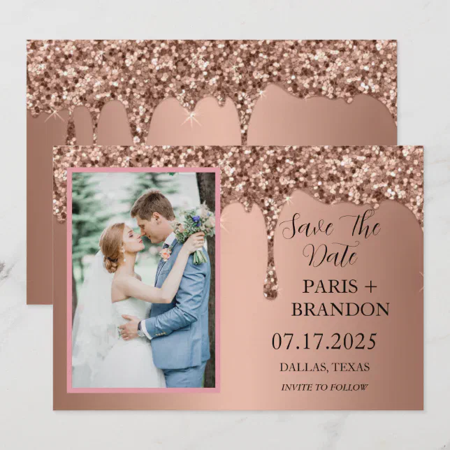 Rose Gold Sparkle Glitter Drips Pink Wedding Save The Date | Zazzle