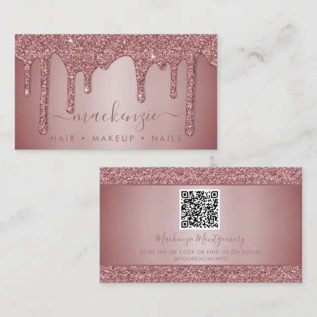 Rose Gold Sparkle Glitter Drips QR Code Business Card | Zazzle