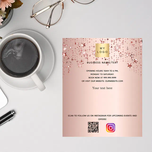 Rose gold stars business logo qr code instagram flyer | Zazzle