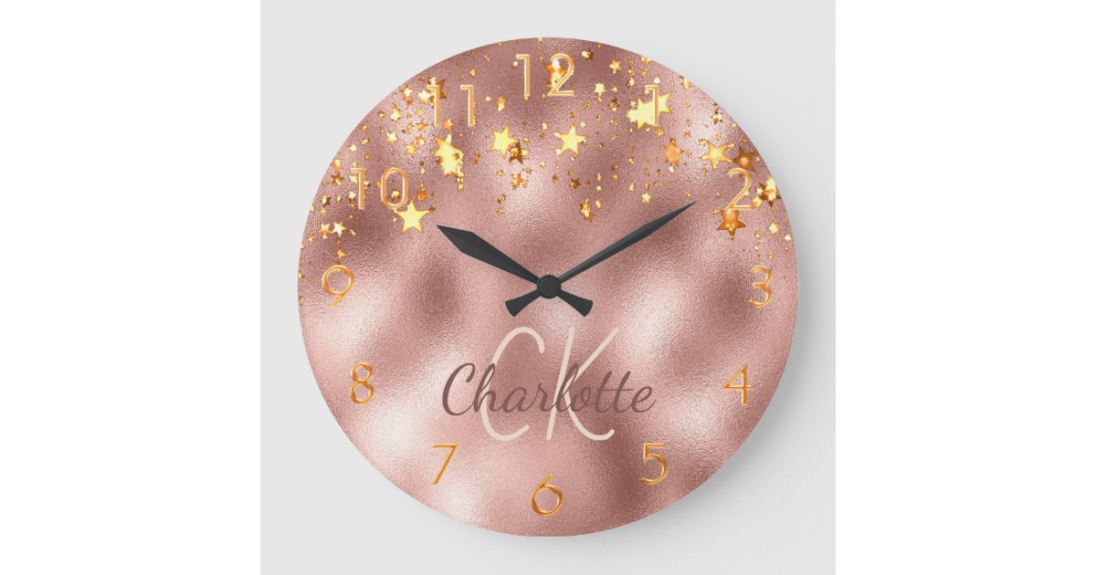 Rose gold stars monogram script large clock | Zazzle
