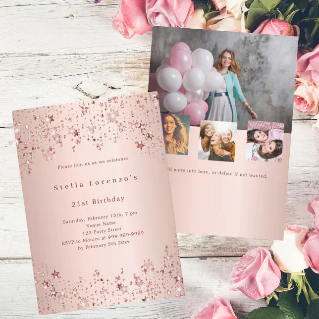 Rose gold stars photo collage luxury birthday invitation | Zazzle