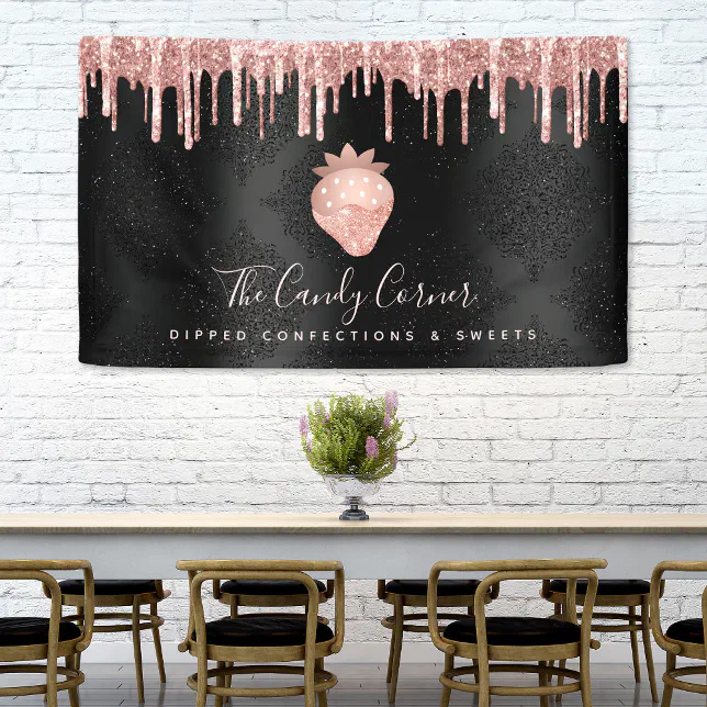 Rose Gold Strawberry Glitter Drip Confection Black Banner | Zazzle