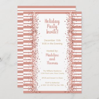 Rose Gold Stripes Glitter Holiday Party Invitation | Zazzle
