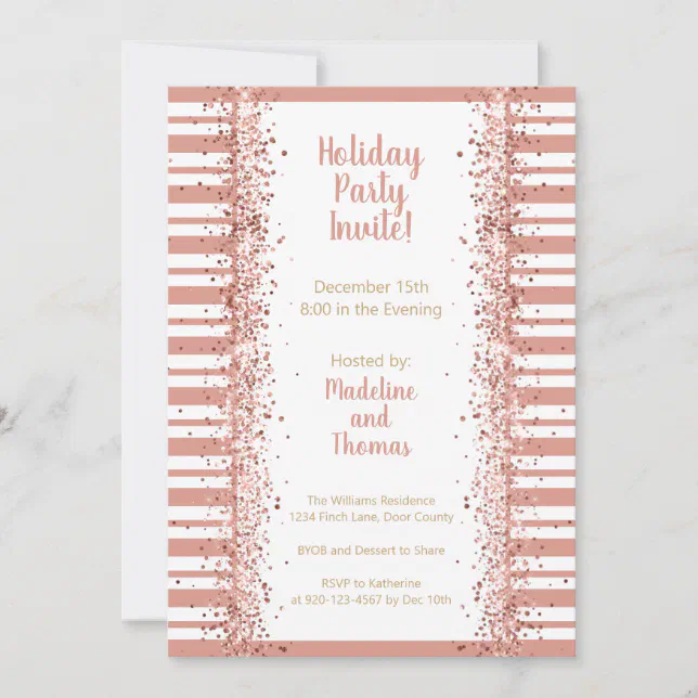 Rose Gold Stripes Glitter Holiday Party Invitation | Zazzle