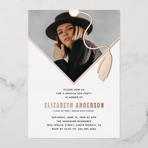 Rose Gold Tassel Cap Photo Graduation Party Foil Invitation | Zazzle
