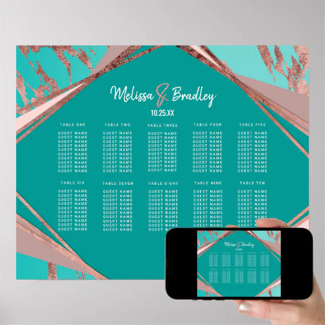 Rose Gold Teal Green Marble Diamond Seating Chart | Zazzle
