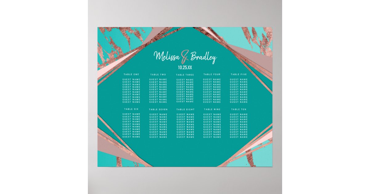 Rose Gold Teal Green Marble Diamond Seating Chart | Zazzle