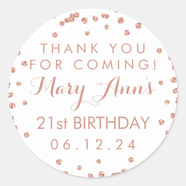 Rose Gold Thank You 21st Birthday Confetti Classic Round Sticker | Zazzle
