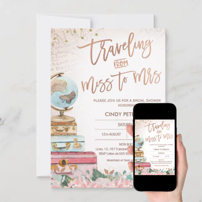 Rose Gold Traveling Miss to Mrs Bridal Shower Invitation | Zazzle