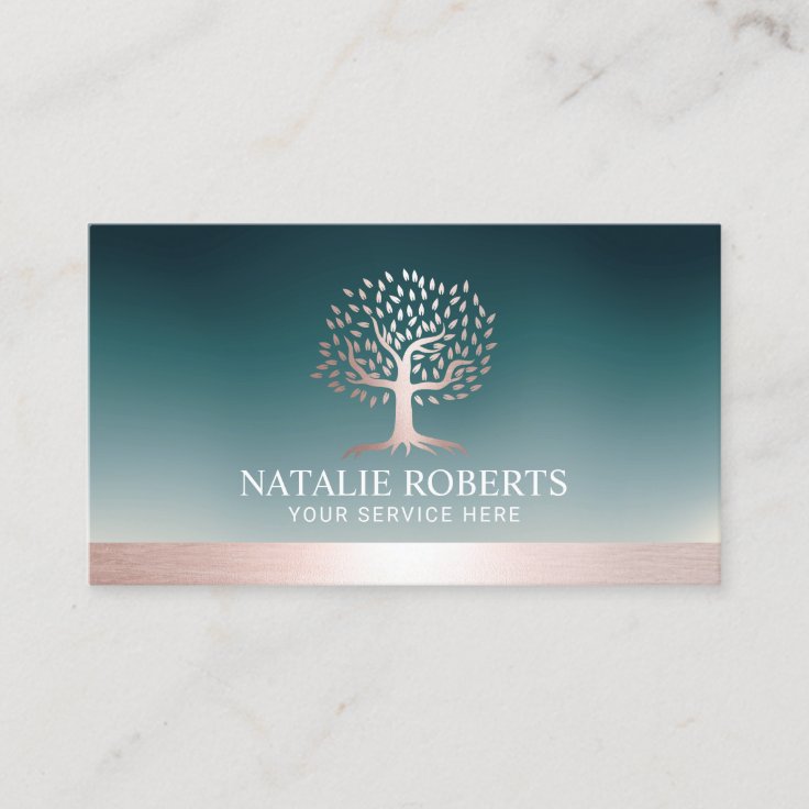 Rose Gold Tree Logo Teal Wellness Salon Spa Business Card | Zazzle