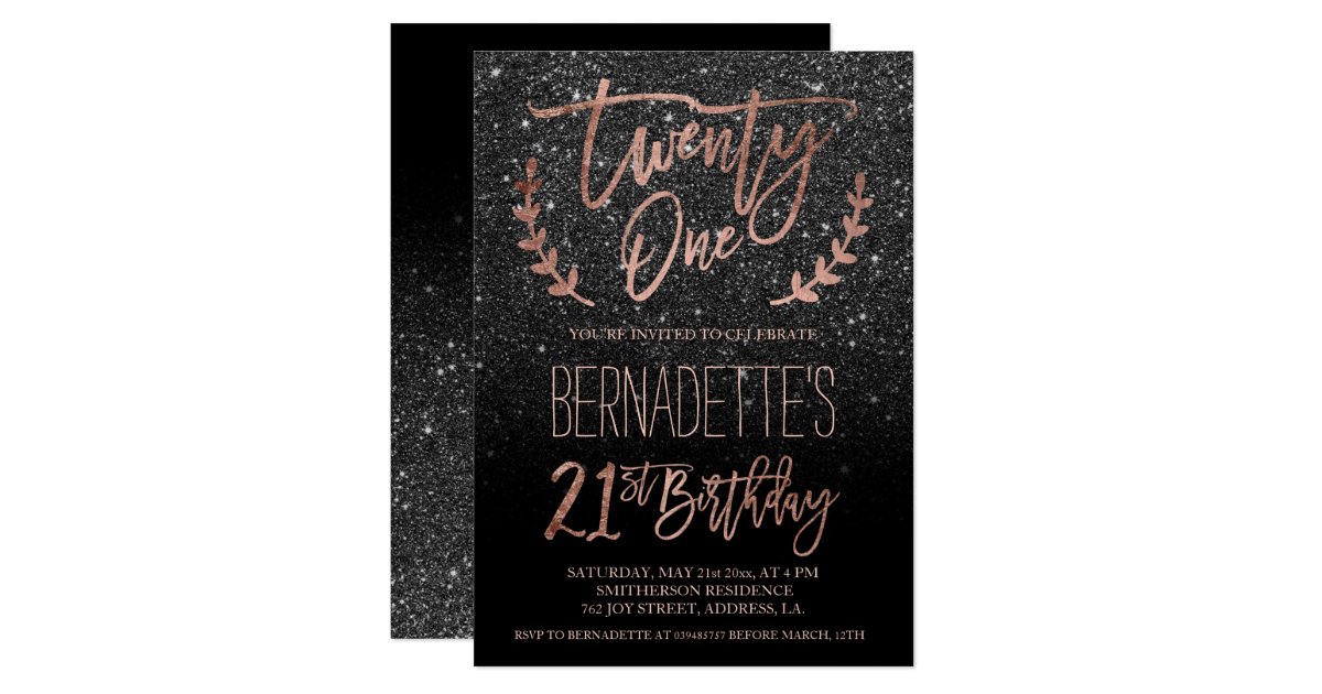 Rose Gold Typography Black Glitter 21st Birthday Invitation