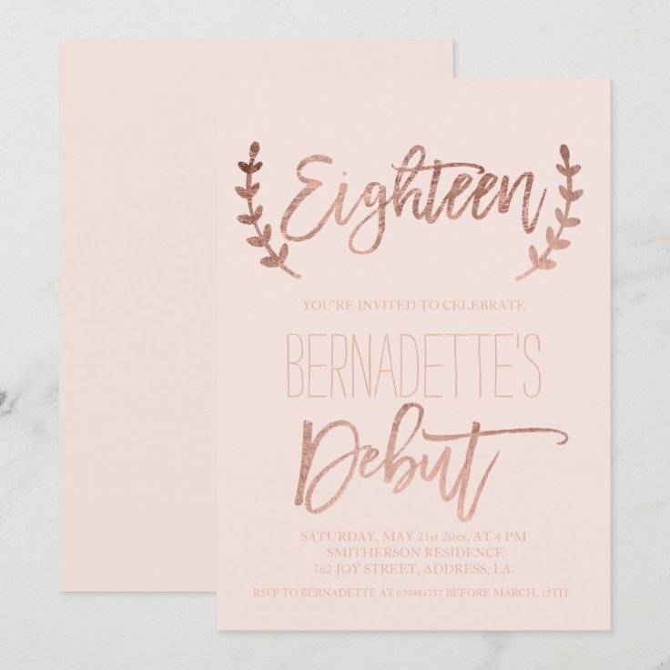 Rose gold typography debut blush 18th Birthday Invitation | Zazzle