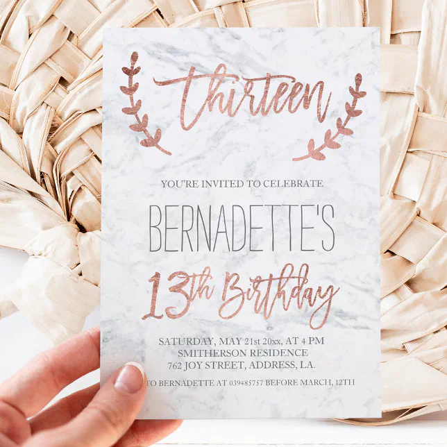 Rose gold typography feathers marble 13th Birthday Invitation | Zazzle