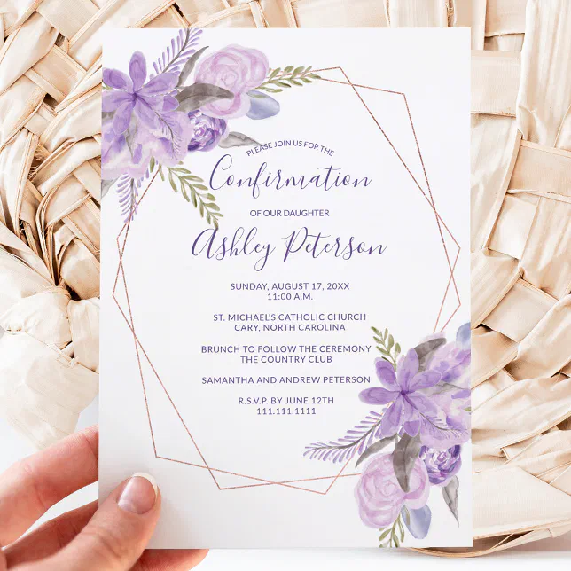 Rose gold watercolor purple floral confirmation invitation | Zazzle