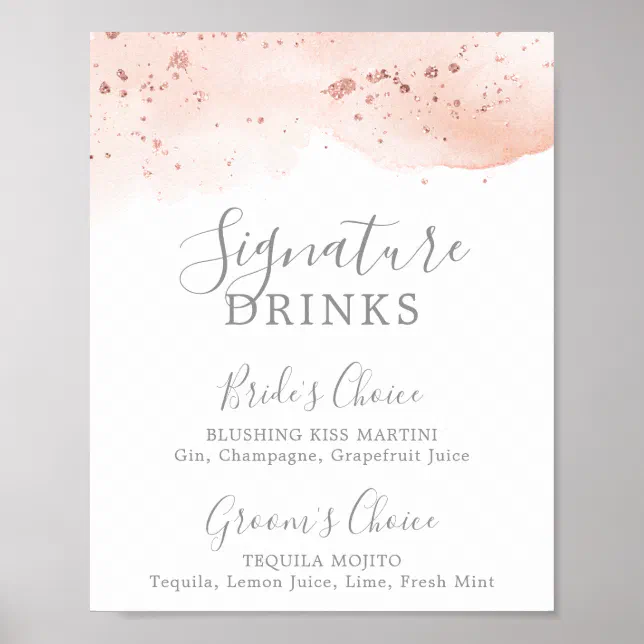 Rose Gold Watercolor Signature Drinks Sign | Zazzle