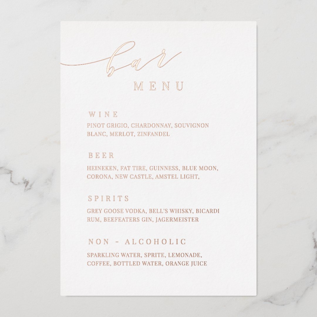Rose Gold Wedding Bar Menu Reception Table Sign Foil Invitation | Zazzle