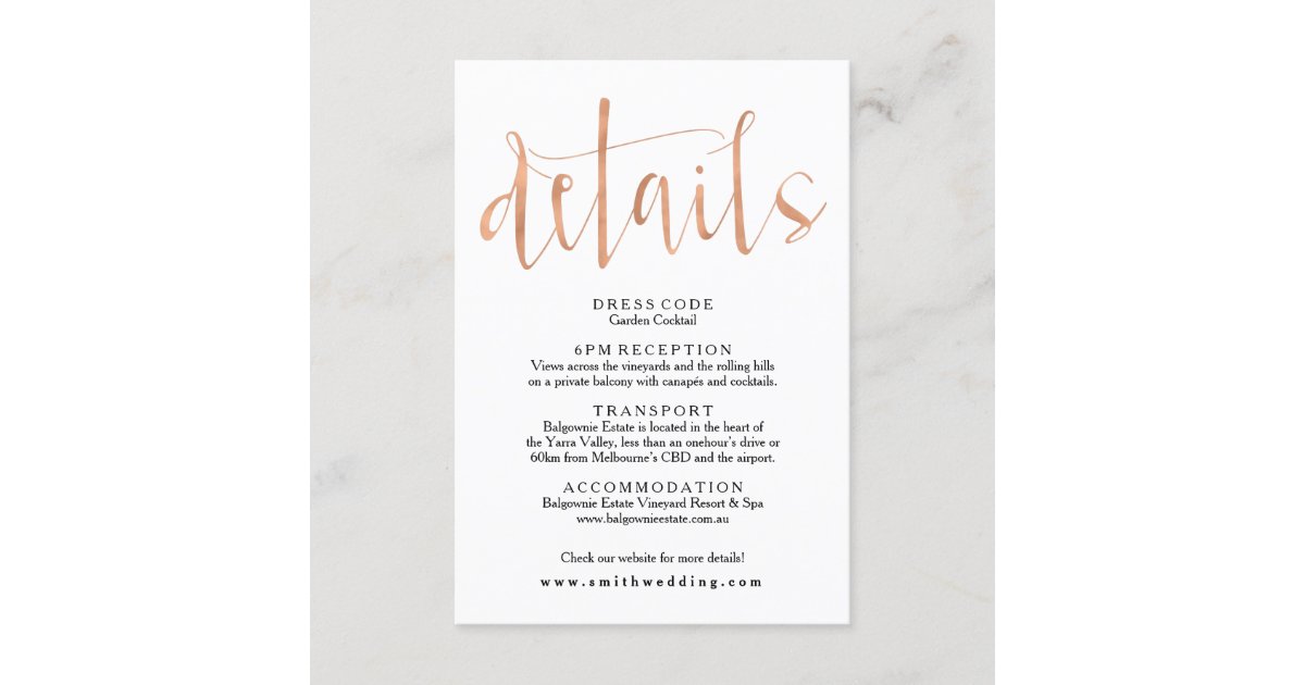 Rose Gold Wedding Details Info Card | Zazzle