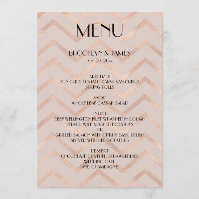 Rose Gold Wedding Menu Chevron Cards | Zazzle