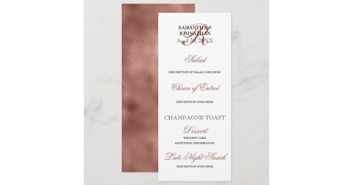 Rose gold wedding menu DIY elegant dinner Invitation | Zazzle