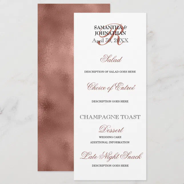 Rose gold wedding menu DIY elegant dinner Invitation | Zazzle