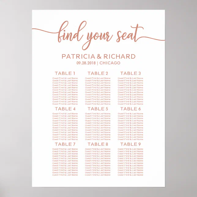 Rose Gold Wedding Seating Chart Chic Calligraphy | Zazzle