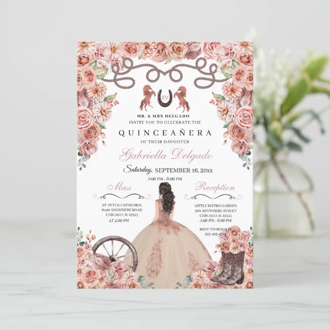 Rose Gold Western Charra Girl Ranchero Quinceanera Invitation | Zazzle