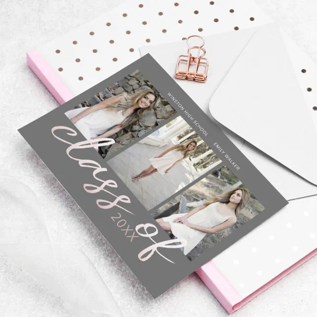 Rose Gold Whimsical Script Photo Graduation Announcement Postcard | Zazzle