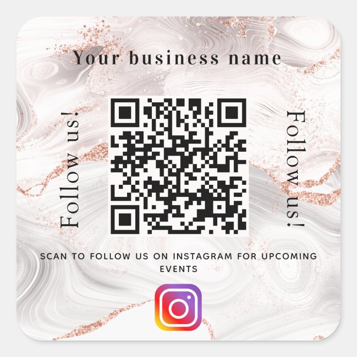 Rose gold white agate marble qr code instagram square sticker | Zazzle