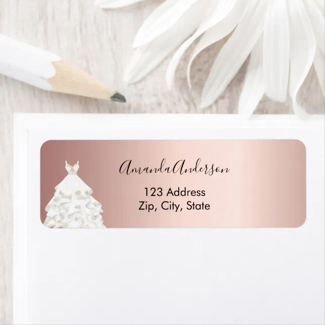 Rose gold white dress return address label | Zazzle