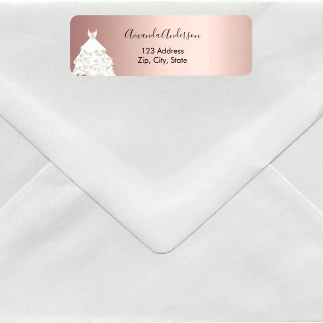 Rose gold white dress return address label | Zazzle