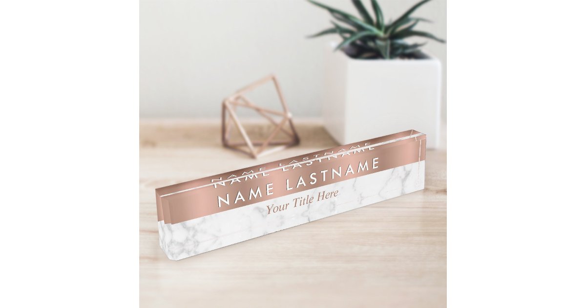 Rose Gold White Grey Marble Elegant Modern Desk Name Plate | Zazzle