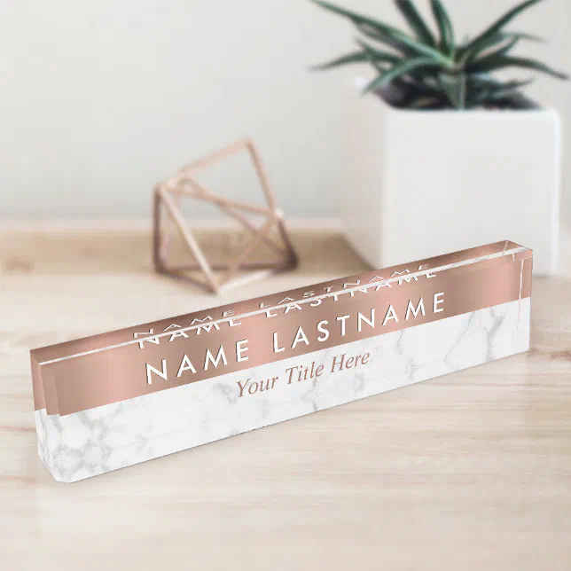 Rose Gold White Grey Marble Elegant Modern Desk Name Plate | Zazzle