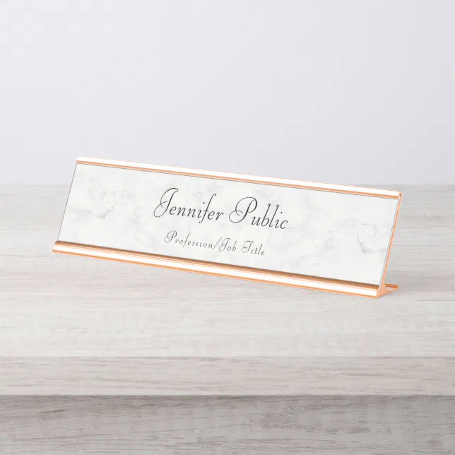 Rose Gold White Marble Template Professional Desk Name Plate | Zazzle