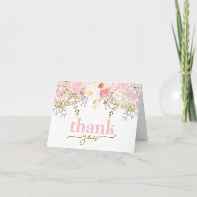 Rose Pink Floral Folded Thank You Card | Zazzle