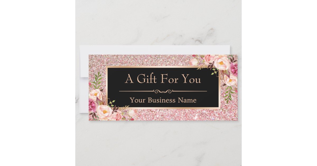 Rose Pink Glitter Floral Gift Certificate Card | Zazzle