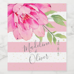 Rose Pink Green Stripe Floral Chic Silver Wine Label | Zazzle