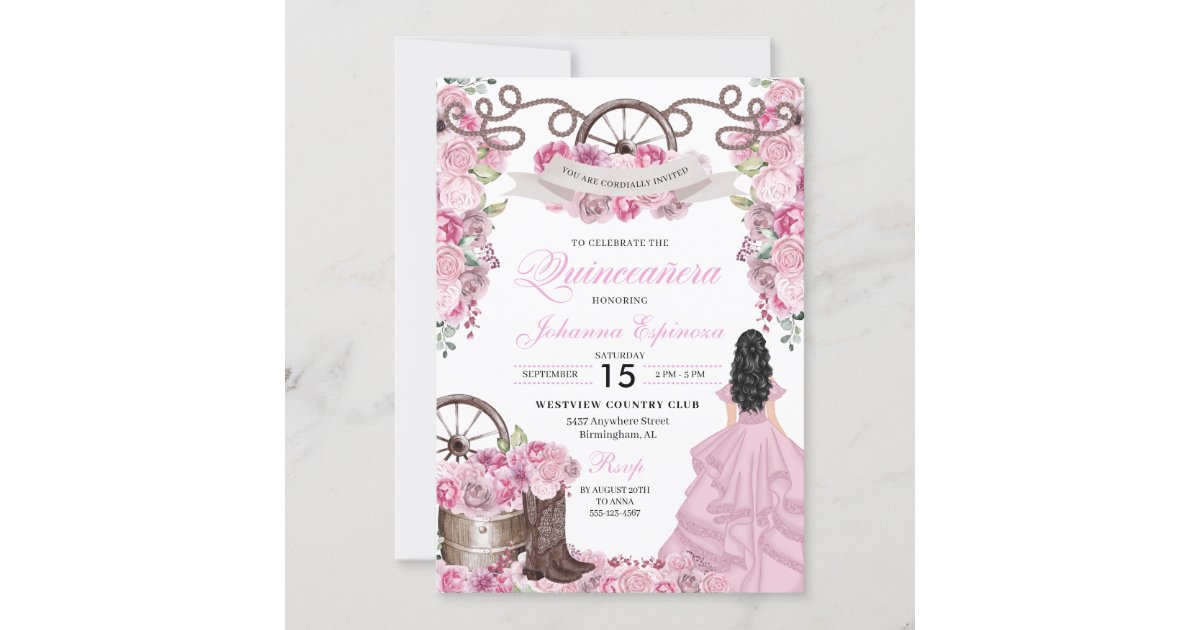Rose Pink Western Ranchero Quinceanera Invitation | Zazzle