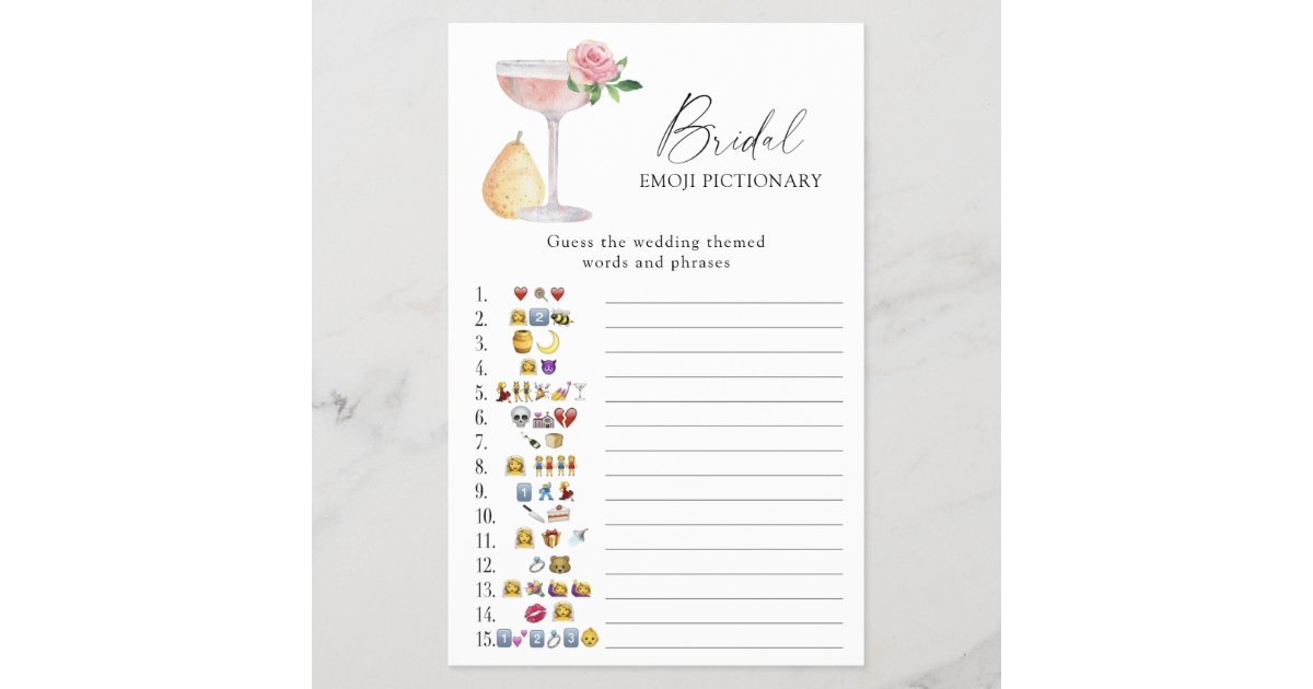 Rose Prosecco bridal shower emoji pictionary game | Zazzle